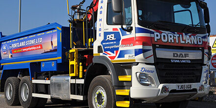 Portland Skips’ DAF 6-wheeler Grab/Tipper lorry - Portland Stone